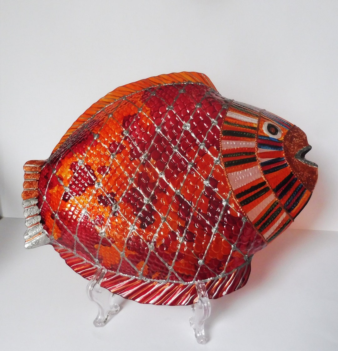 Painted Glass Fish Plate | Nautical Decor | Faberge Style | Red Glass ...
