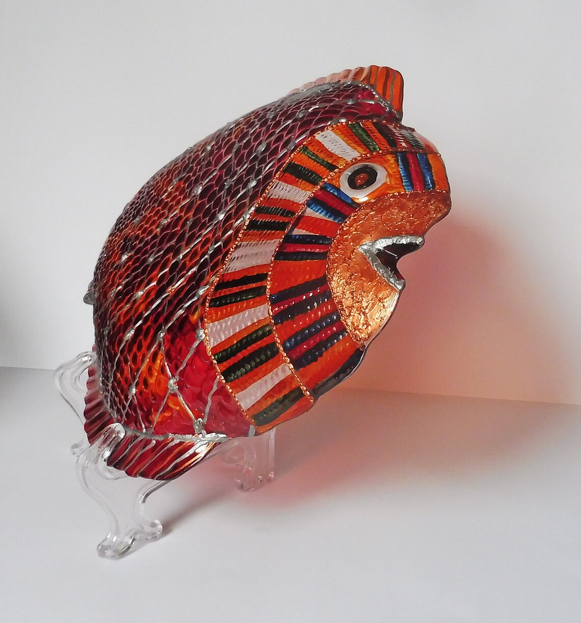 Painted Glass Fish Plate | Nautical Decor | Faberge Style | Red Glass ...