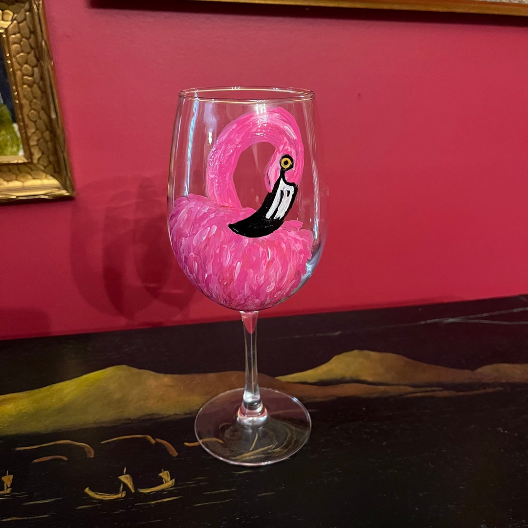 Flamingo Wine Glass,7.5x2.25 Hand Painted Pink Flamingo Wine Glass,pink ...