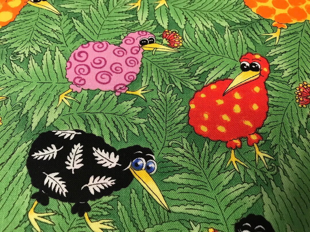 100% Cotton Kiwiana New Zealand Themed Kiwi Bird Print. Colourful, Leaf ...