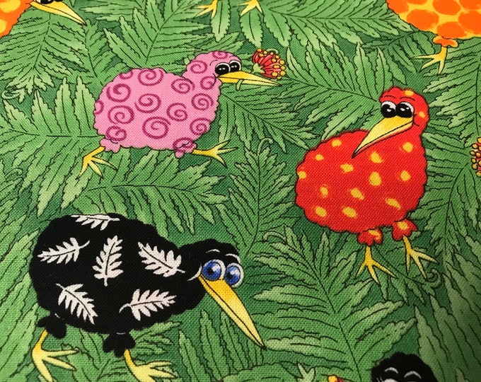 100% Cotton Kiwiana New Zealand Themed Kiwi Bird Print. Colourful, Leaf ...