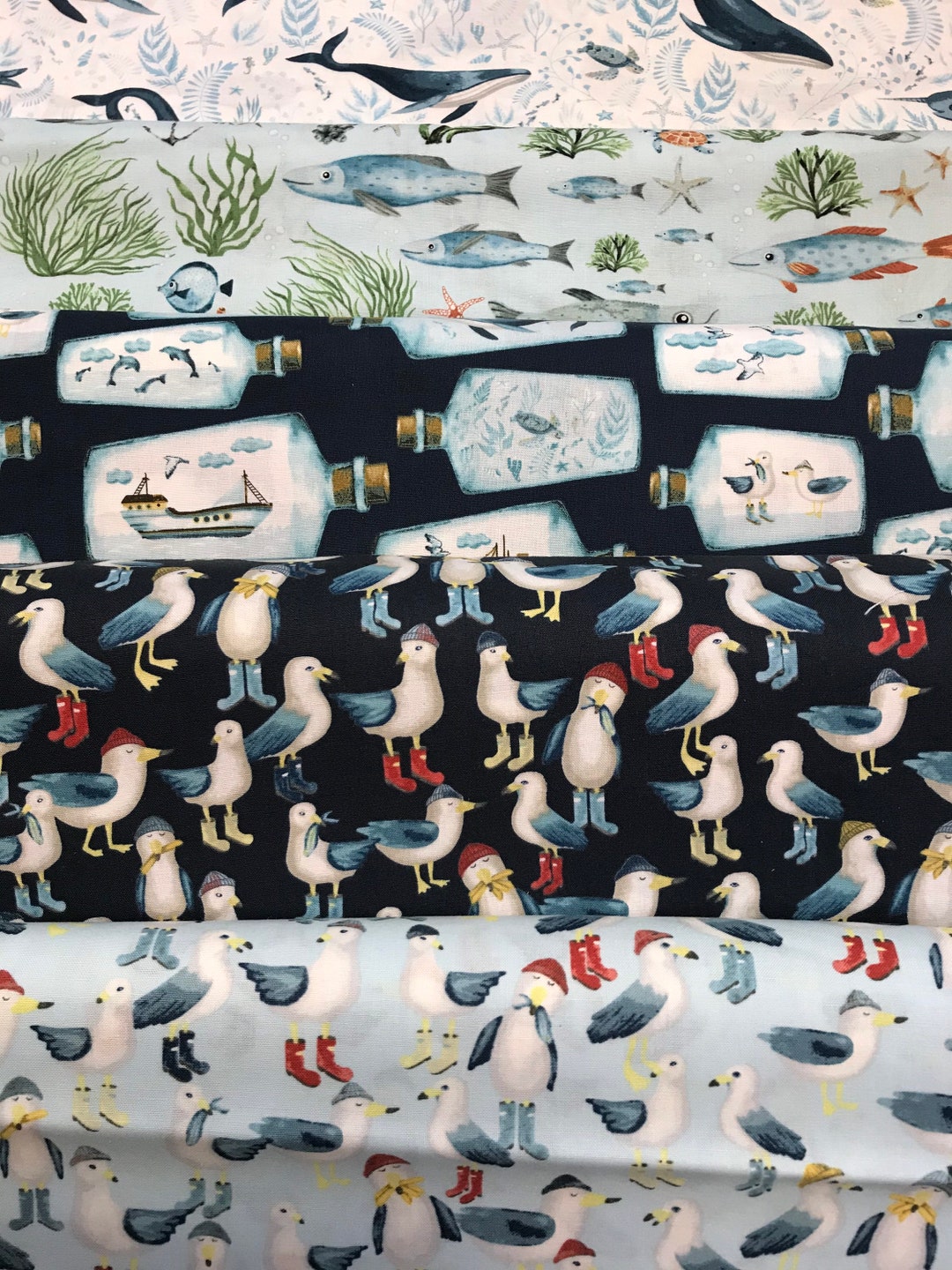 Ocean Sea Side Theme 100% Cotton. Fish, Seagull, Whale, Bottle ...