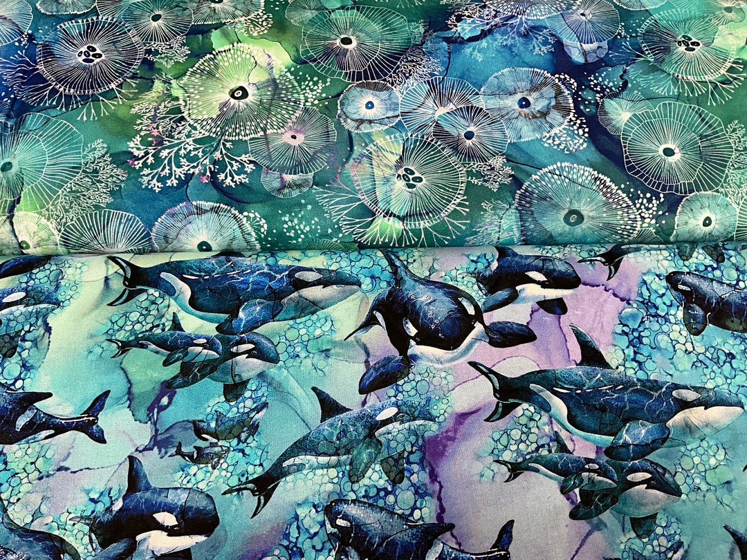 LAST PIECE 100% Cotton Whale Song Fabric Range, Fish, Sea Anemone, Whale, Sea Colours, Water ...