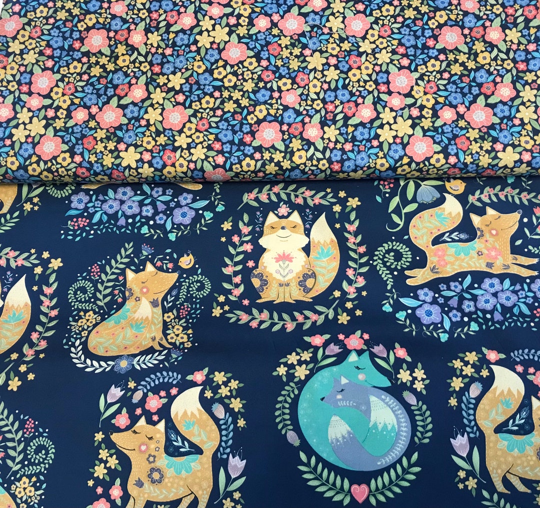 100% Cotton Print Fox Foxes, Flowers, Woodland Fabric. Fun, Bright ...
