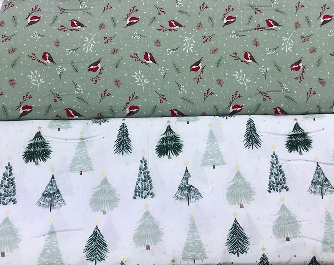 100% Cotton Christmas Tree Robin Fabric. Christmas Foliage, Forest ...