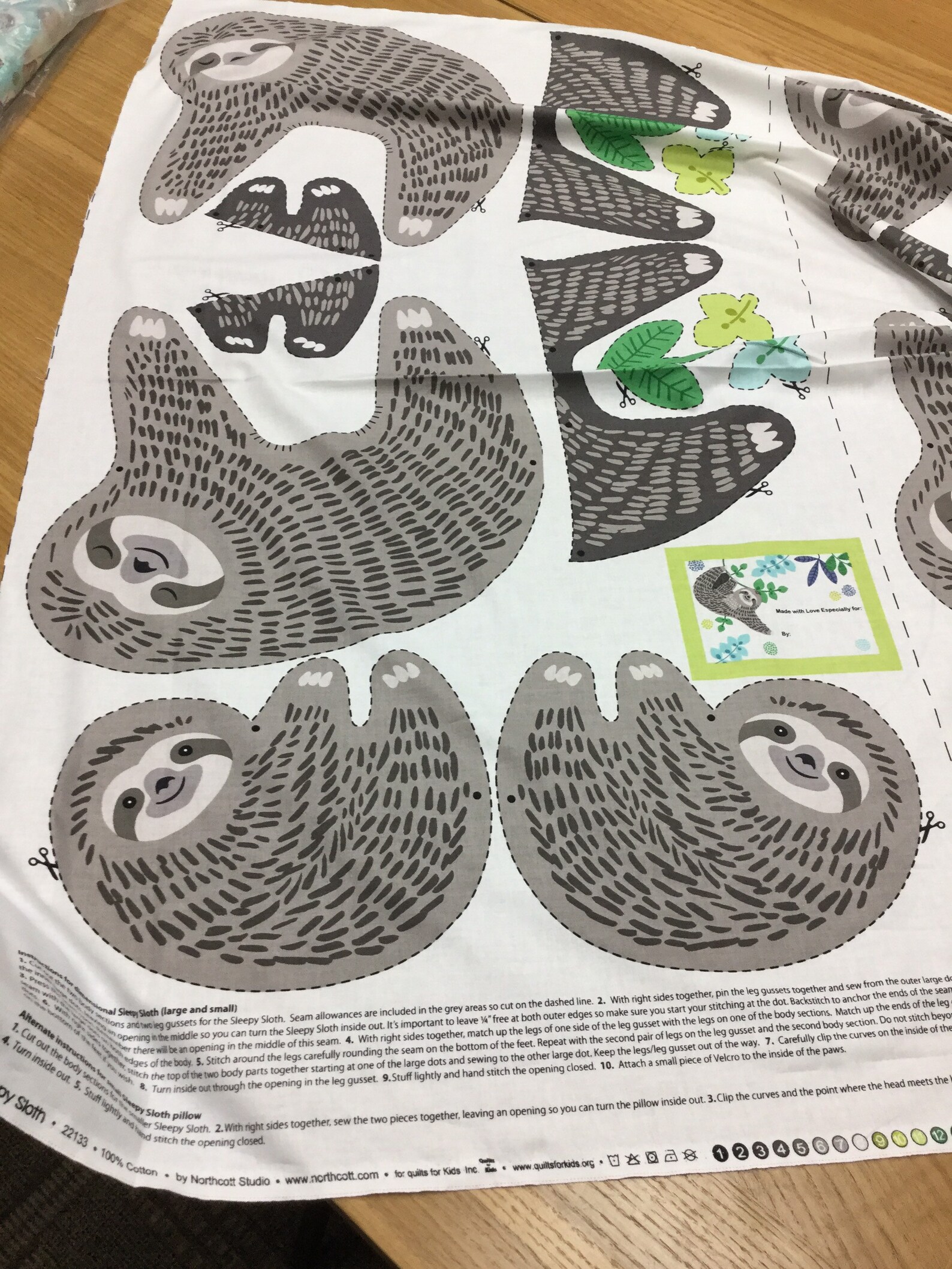 100% Cotton Print Sloth Fabric Panel and Contrast Design. | Etsy