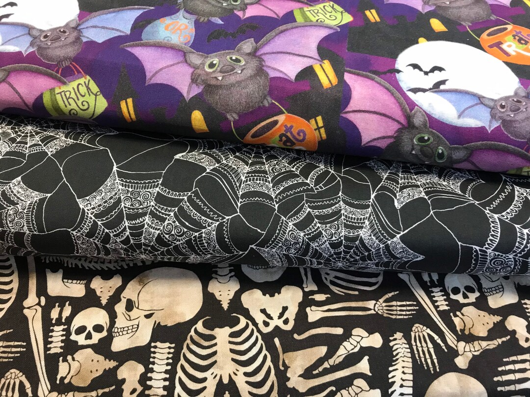 100% Cotton Print Skeleton, Bones, Bats, Spiders Web Fabric. Skull ...