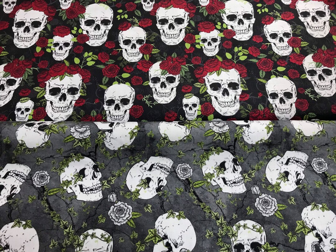 100% Cotton Print Skulls and Roses Fabric. Skulls. Skeleton Heads ...