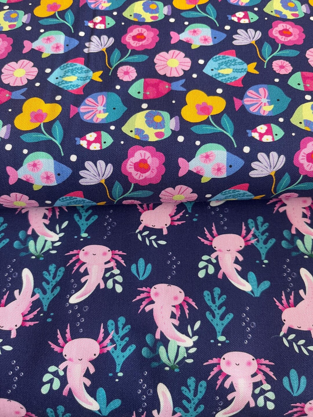 100% Cotton Underwater Sea Life Fabric Range, Sea, Fish, Axolotl ...