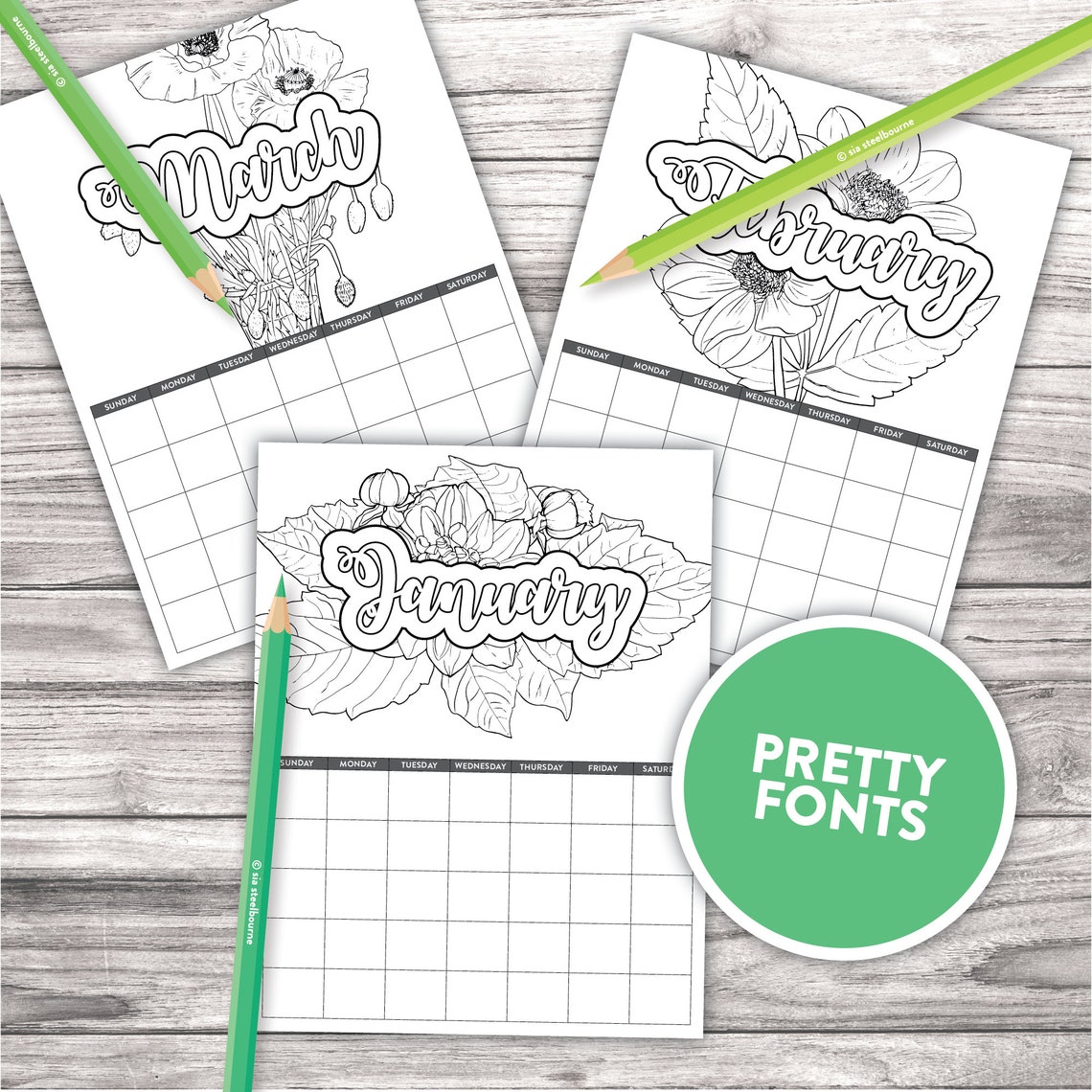 Printable Coloring Calendar Undated Botanical Floral Desktop Calendar ...