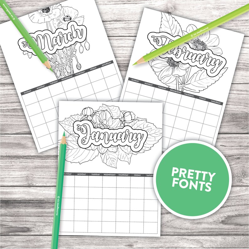 Printable Coloring Calendar Undated Botanical Floral Desktop Calendar ...