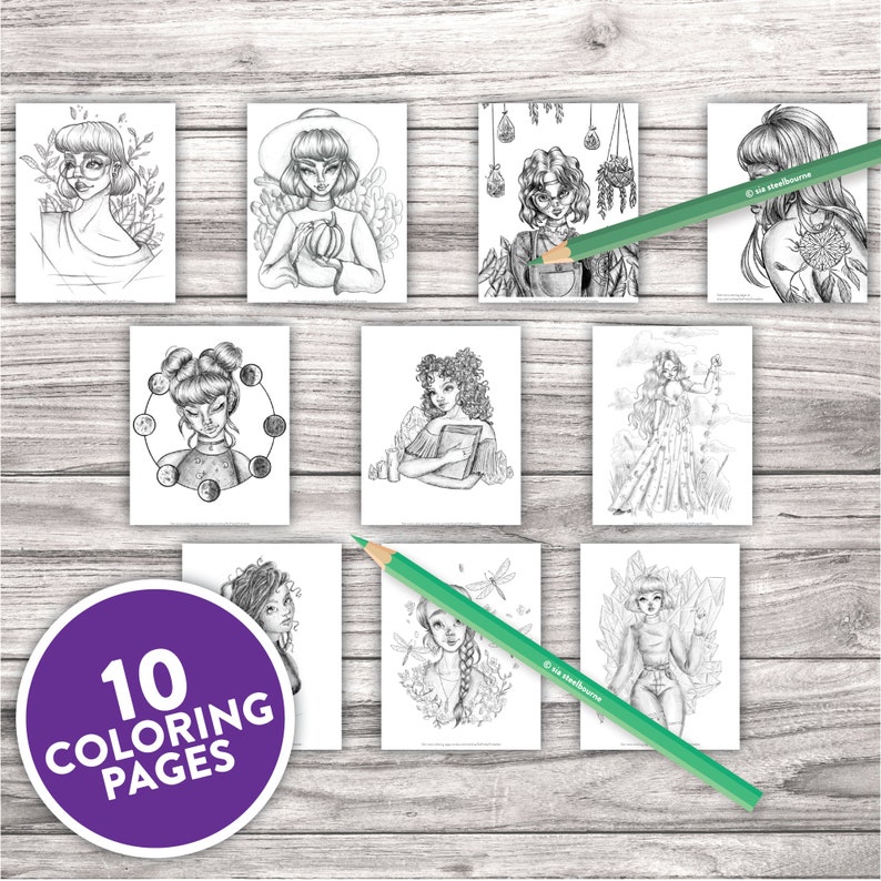 Grayscale Esoteric Women Printable Coloring Pages Pretty Witchy Adult ...