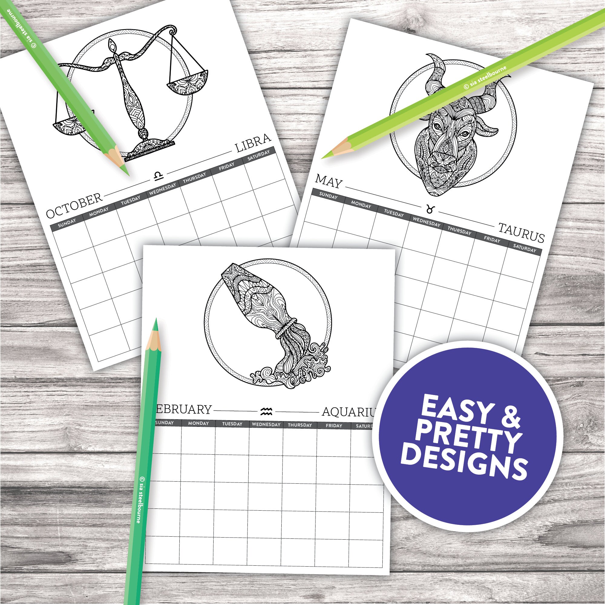 Zodiac Printable Coloring Calendar Desktop Calendar or Planner Insert ...
