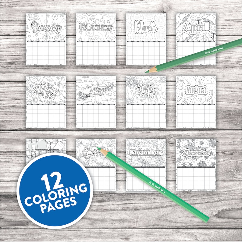 Undated Printable Coloring Calendar Desktop Calendar or Planner Insert ...