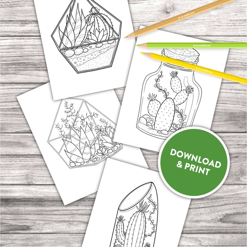 Terrarium Coloring Pages | Adult Coloring Book With Cute Plants - Etsy ...