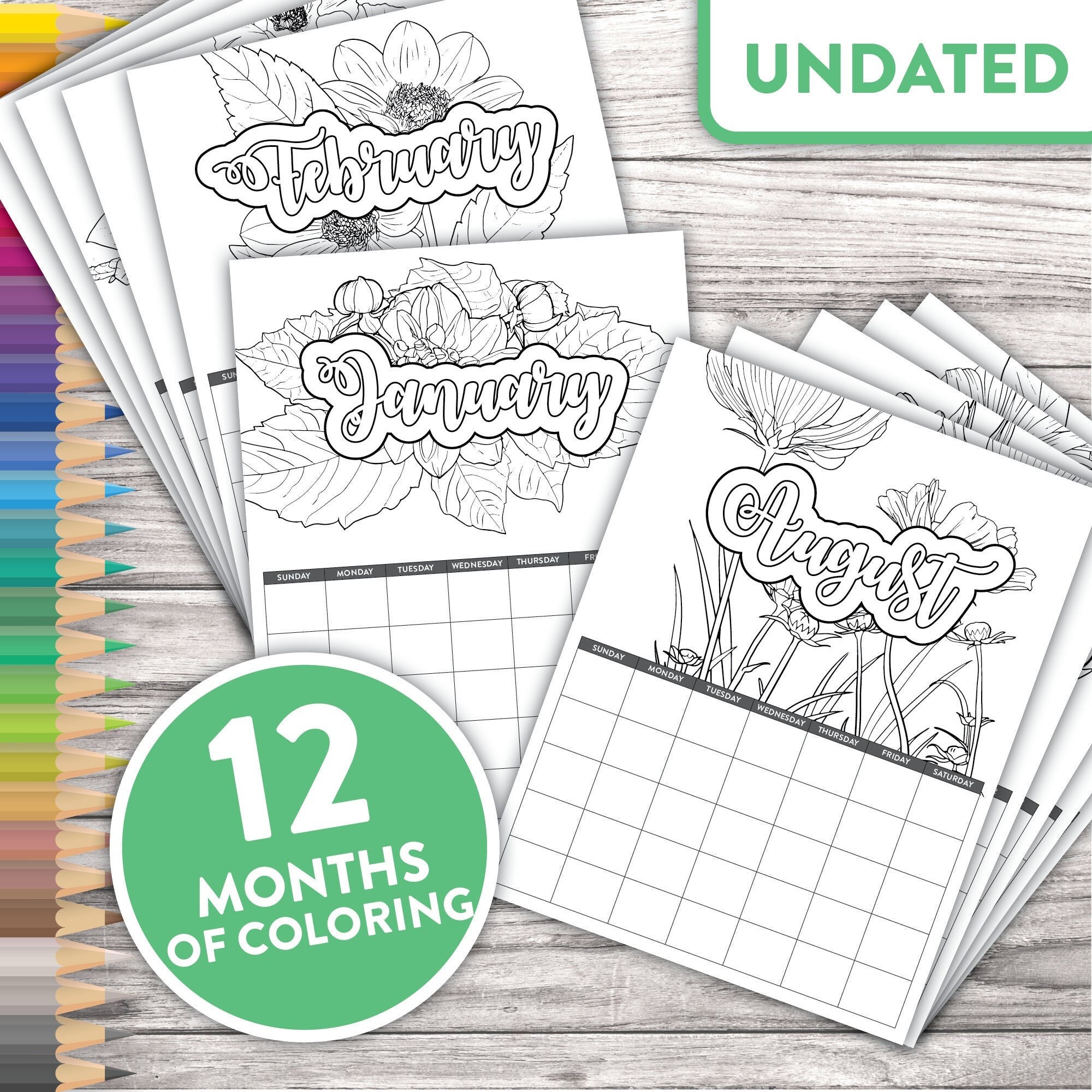 Printable Coloring Calendar Undated Botanical Floral Desktop Calendar ...