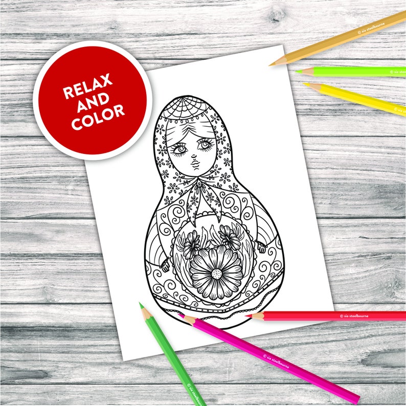 Páginas para colorear imprimibles para adultos / Libro para colorear de muñecas rusas matrioska ...