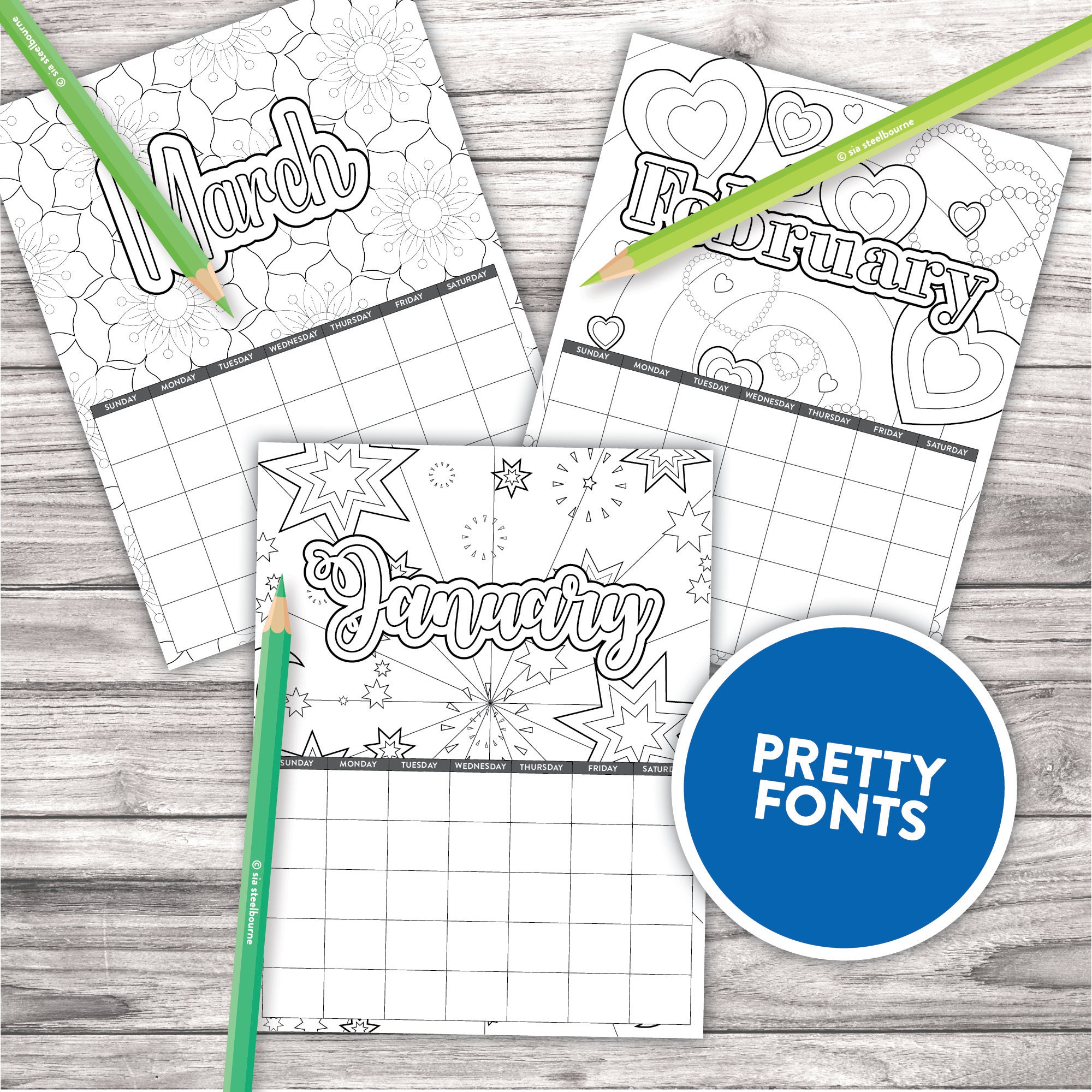 Undated Printable Coloring Calendar Desktop Calendar or Planner Insert ...