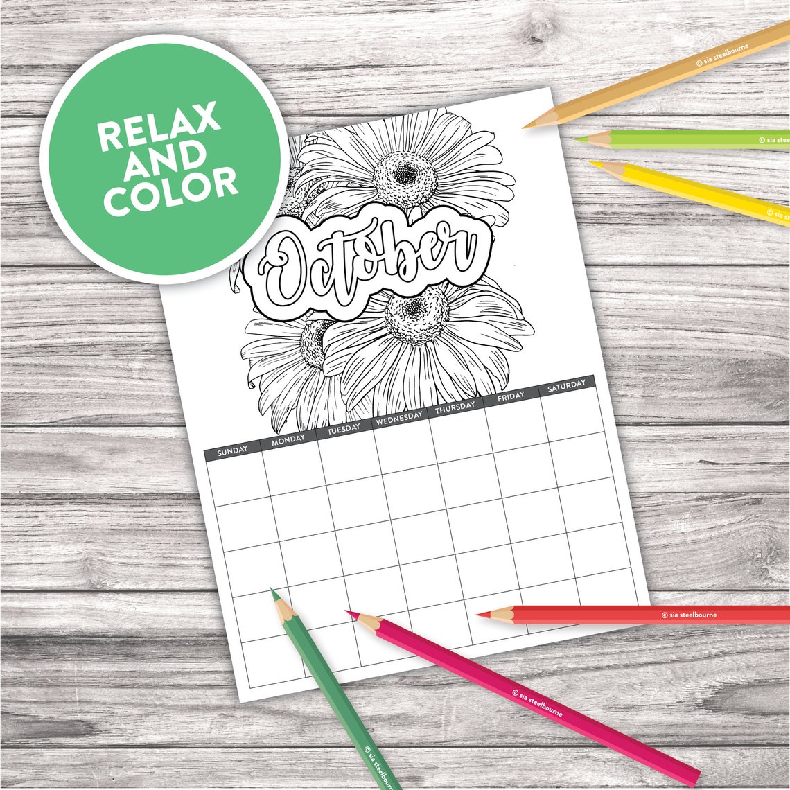 Printable Coloring Calendar Undated Botanical Floral Desktop Calendar ...