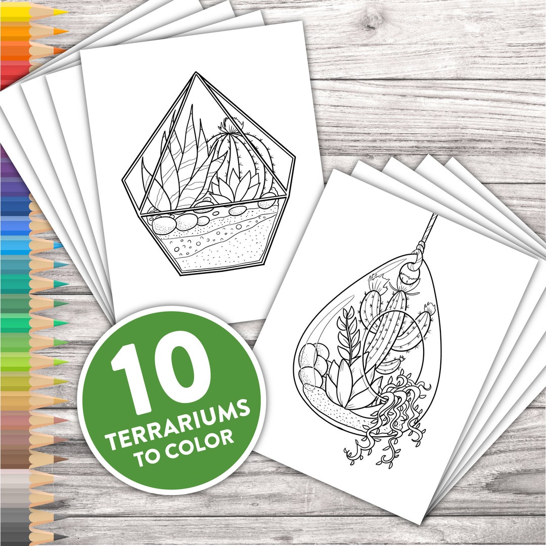 Terrarium Coloring Pages | Adult Coloring Book With Cute Plants - Etsy