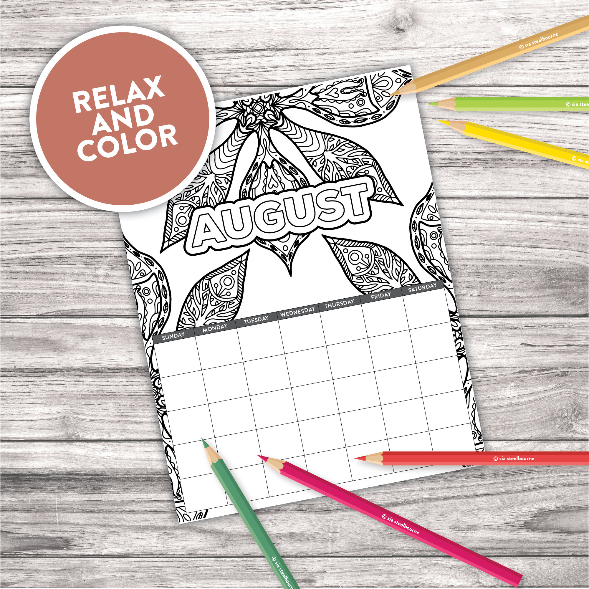 Printable Mandala Coloring Calendar Undated Desktop Calendar | Etsy