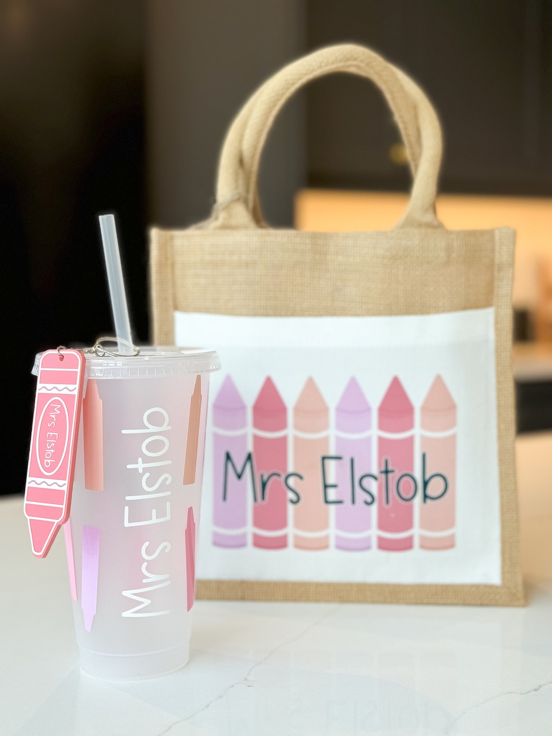 Personalised Teacher Gift Bundle, Crayon Jute Bag, Cold Cup, Keyring ...