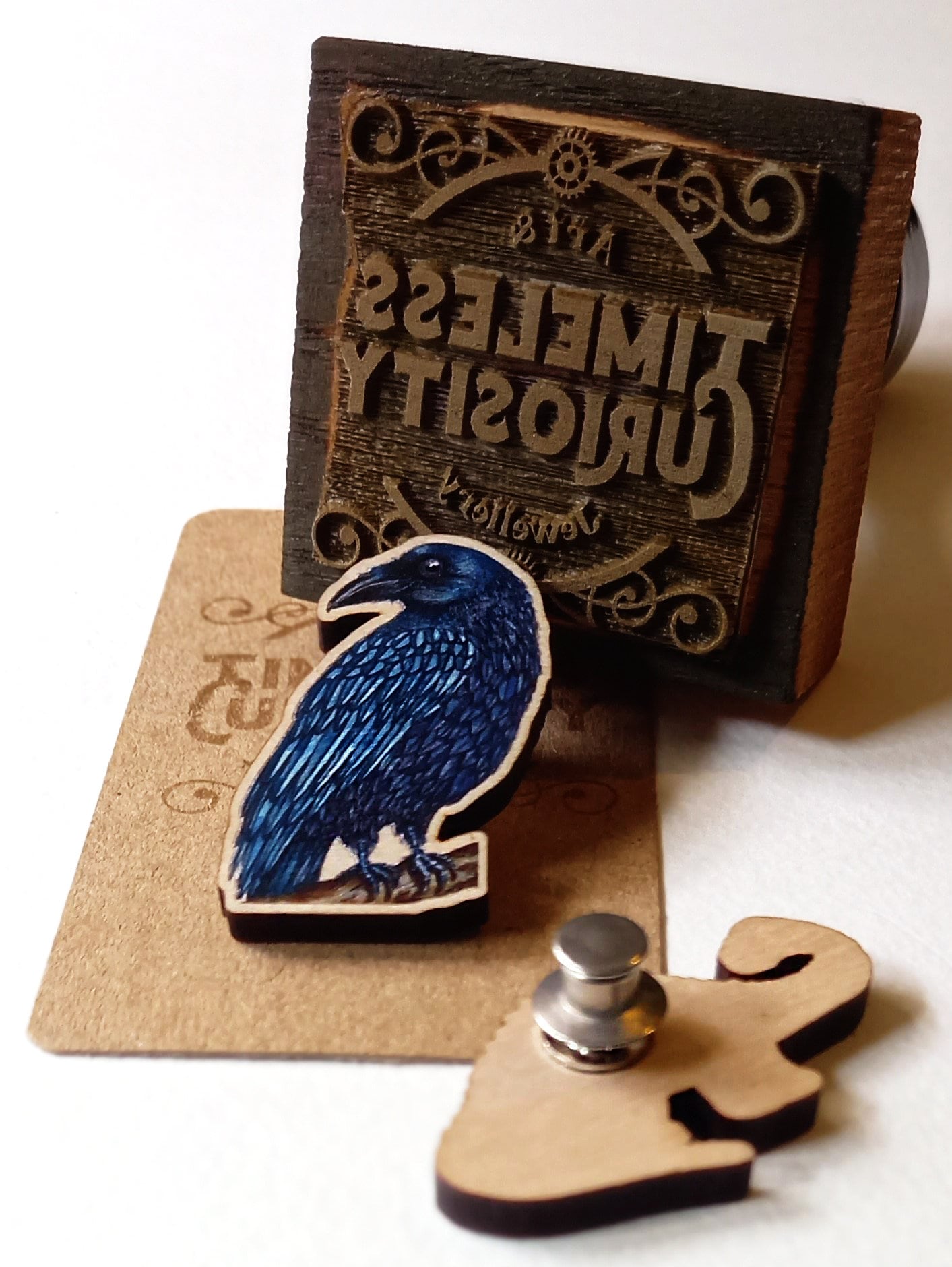 Raven Pin Brooch Wooden Badge Unique Designed Blue Black Bird Lapel ...
