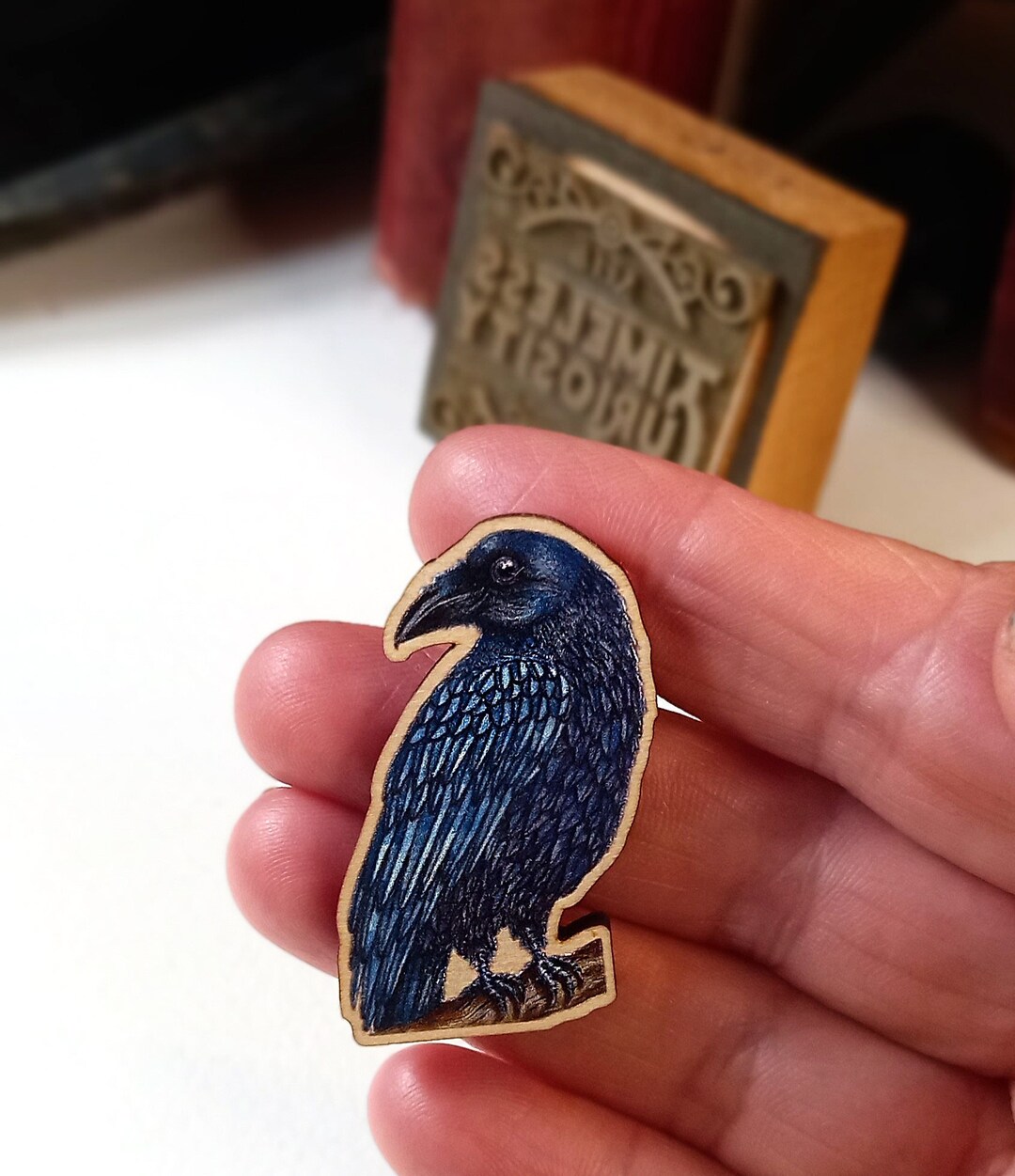 Raven Pin Brooch Wooden Badge Unique Designed Blue Black Bird Lapel ...