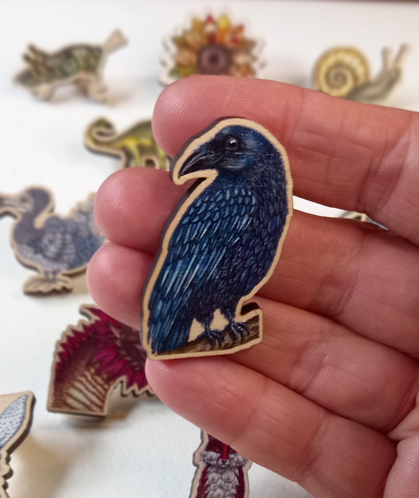 Raven Pin Brooch Wooden Badge Unique Designed Blue Black Bird Lapel ...