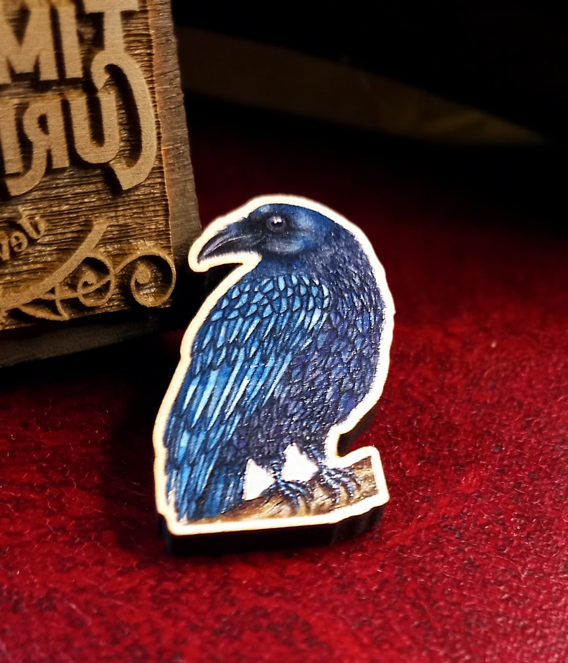 Raven Pin Brooch Wooden Badge Unique Designed Blue Black Bird Lapel ...