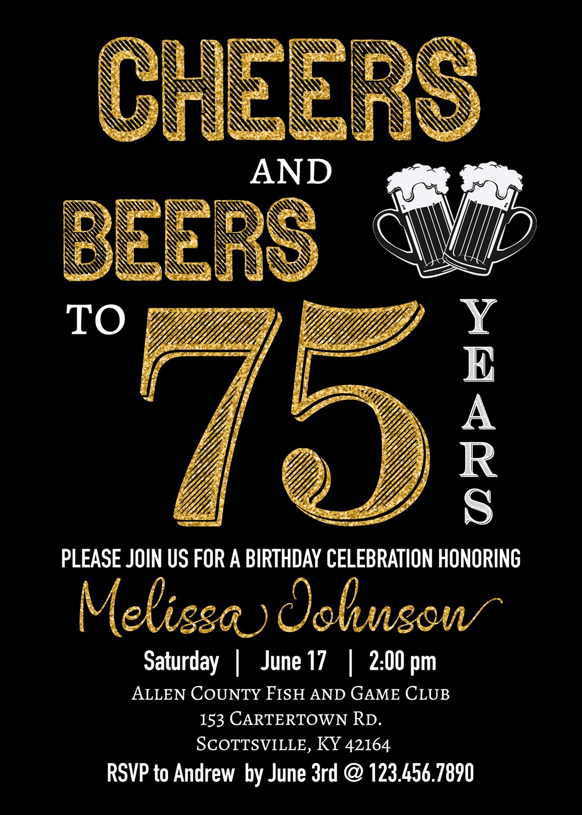 Cheers and beers to 75 years Birthday Party Invitation 75th | Etsy
