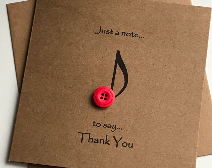 Music Note Button Art Thank You Card, Rustic Thank You Card, Birthday ...