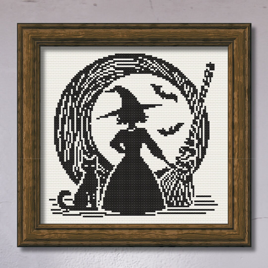 Witch in Black Monochromatic Counted Cross Stitch Pattern Digital ...