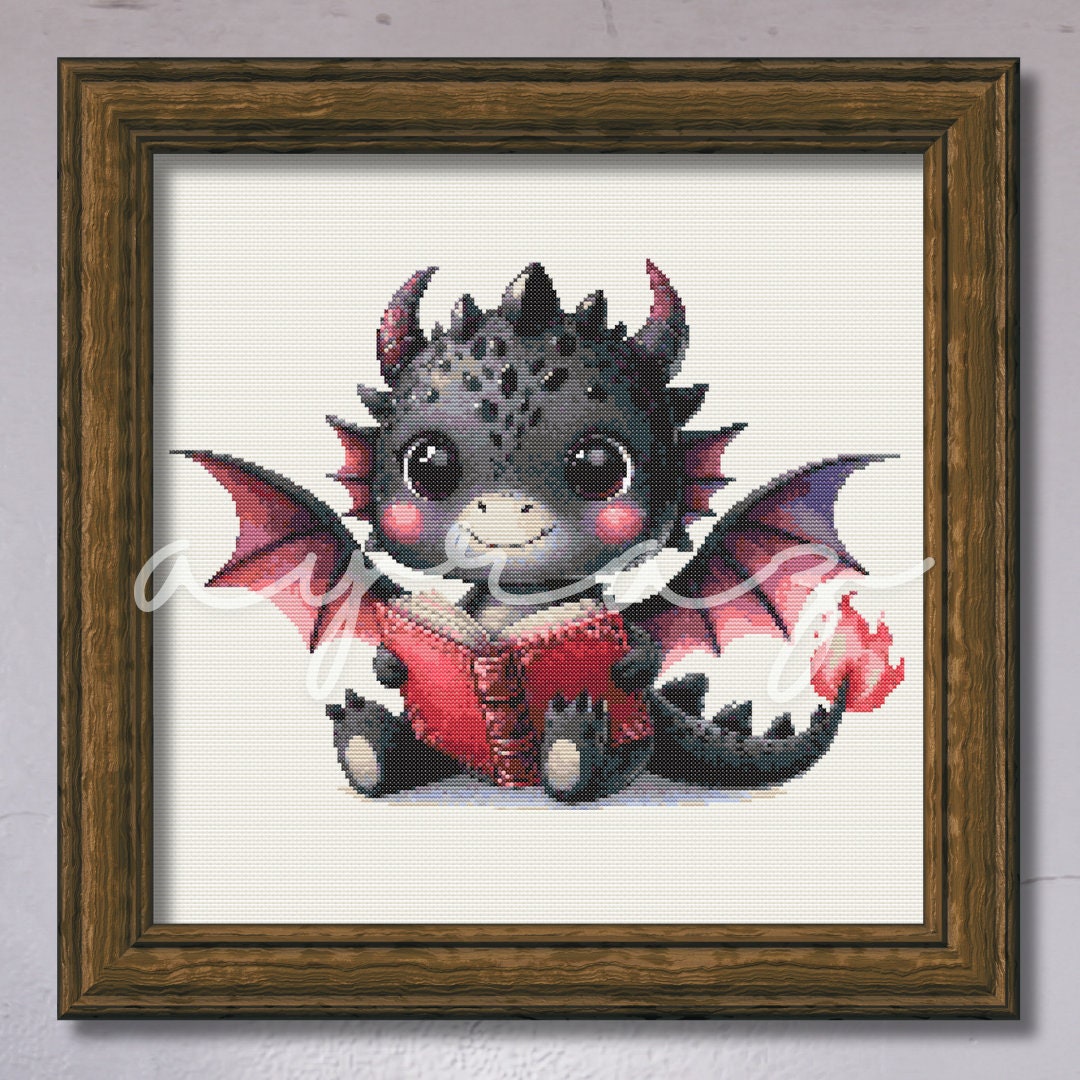 Little Black Dragon Reading Books Counted Cross Stitch Pattern Graph ...