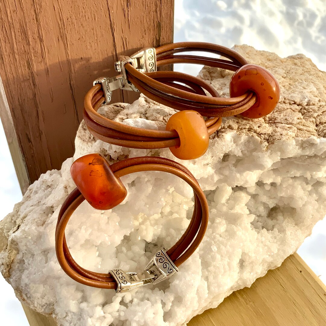 Leather Stacking Bracelet Antique African Copal Trade Bead Ethnic ...