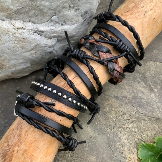 Barbed Wire Bracelet Black Leather Large Sizes Stacking - Etsy