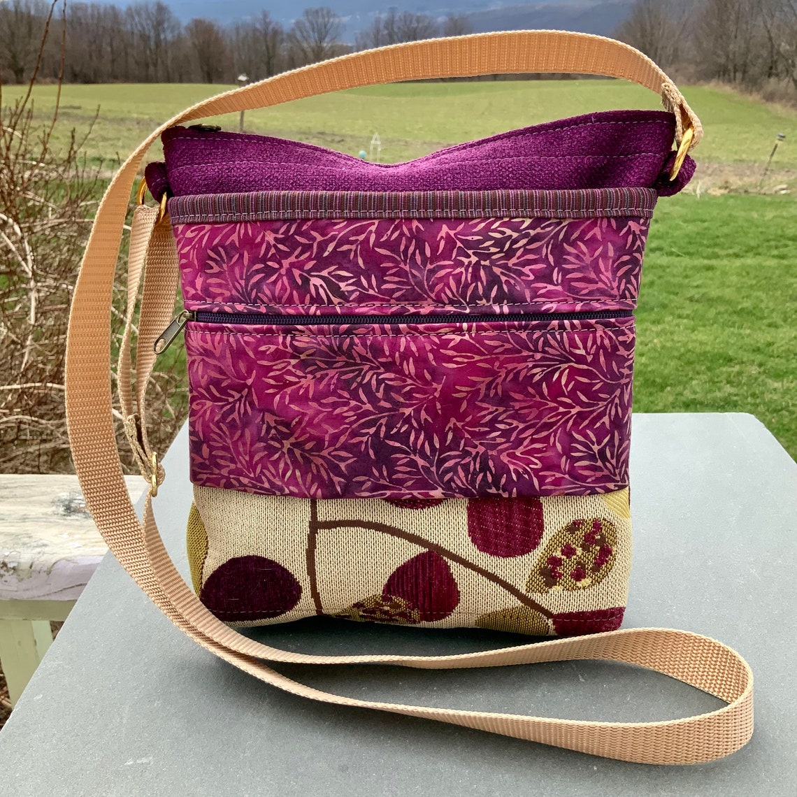 Violet Fabric Crossbody Bag Vegan Bag Textured Upholstery Tapestry ...