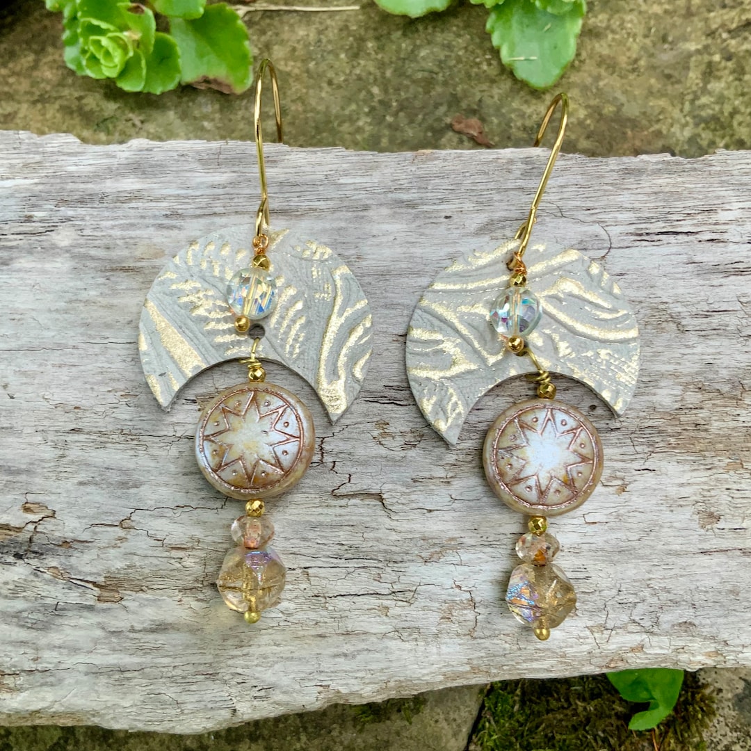 Star of Ishtar Inanna Venus Earrings Tooled Gilded Leather Moon & Star ...