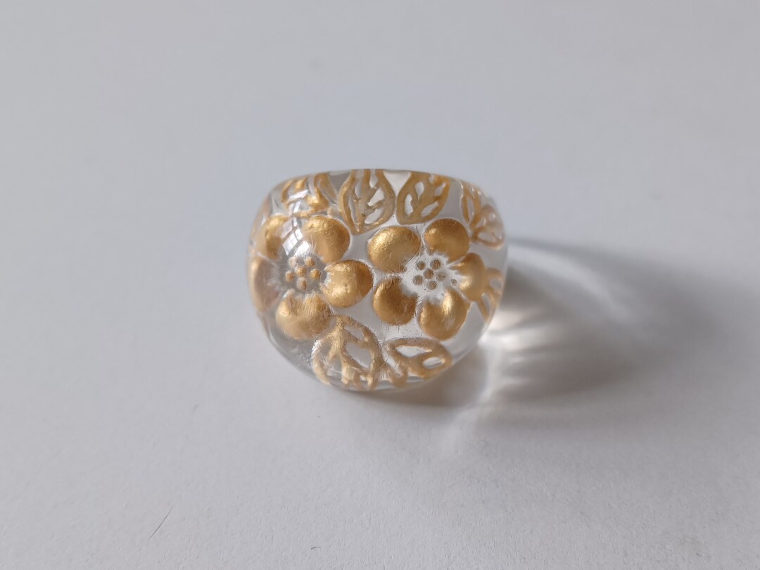 Pretty Gold Flower Perspex Ring - Etsy