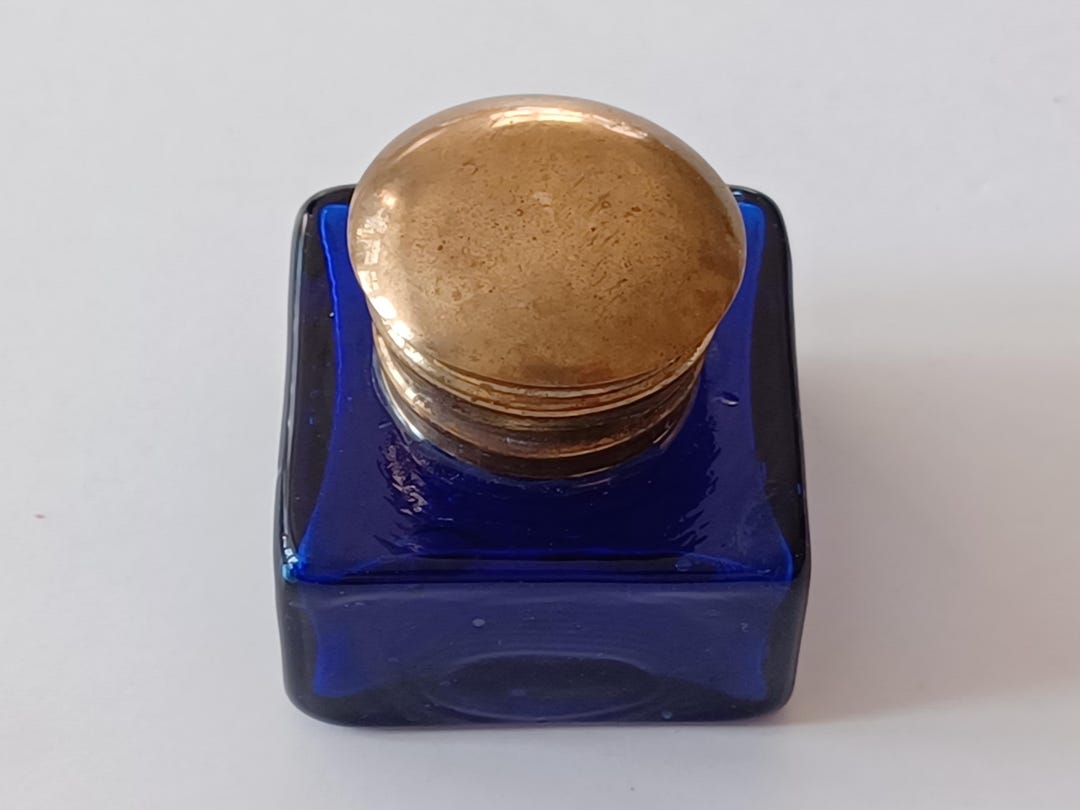Vintage Cobalt Blue Glass Ink Well With Brass Rim & Lid - Etsy