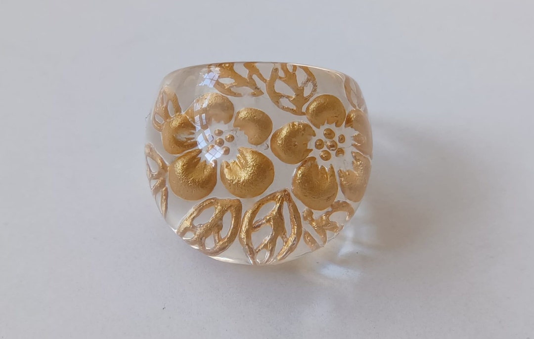 Pretty Gold Flower Perspex Ring - Etsy