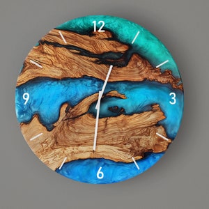 Custom Olive Wood Wall Clock With Blue Resin - Made to Order - Etsy
