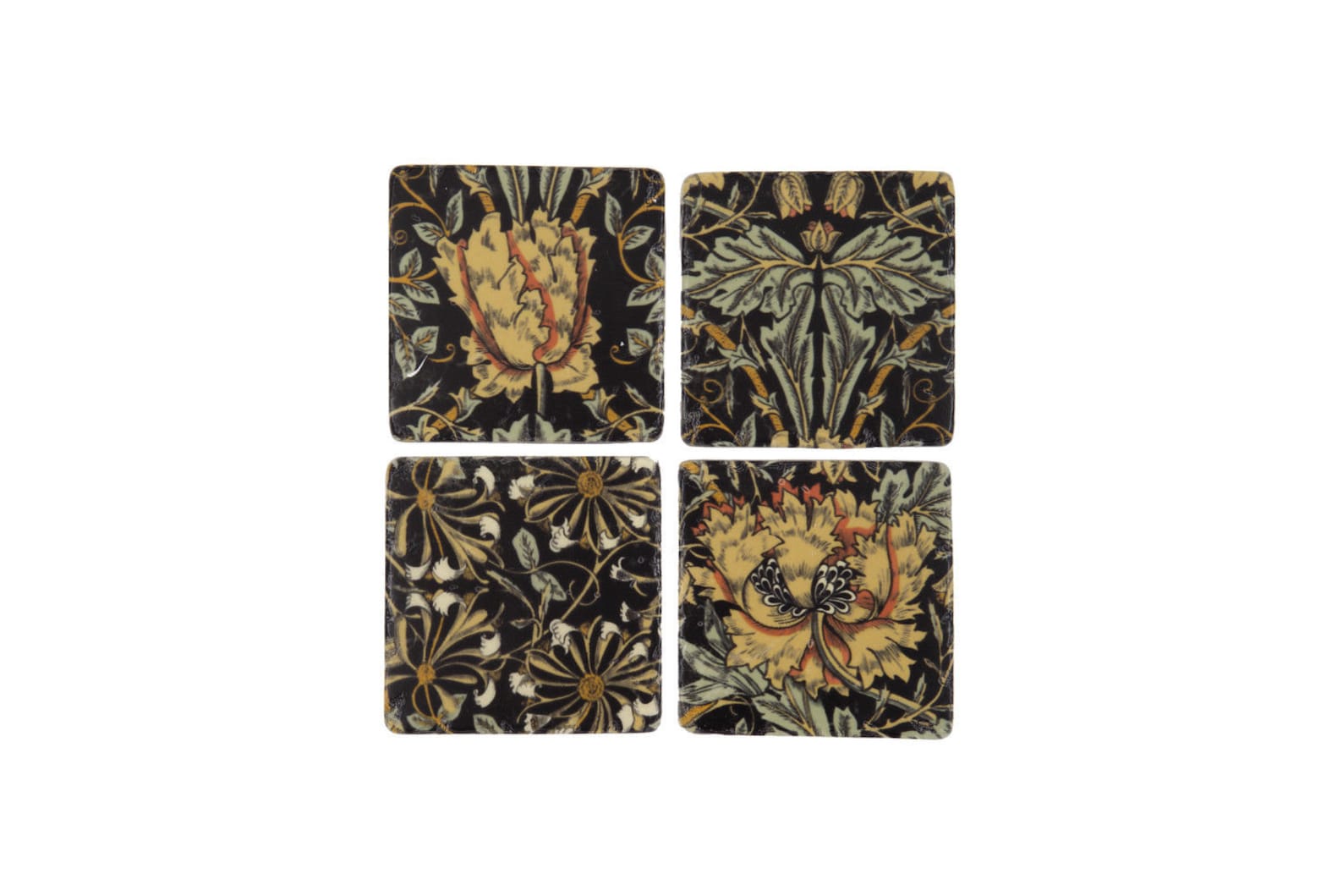 Set 4 French Shabby Chic Ceramic Tile Coasters in a Black Floral Flower ...