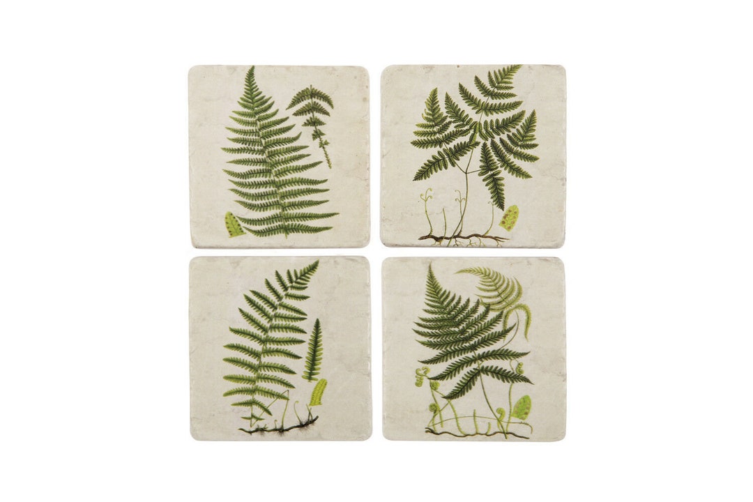 Set 4 French Shabby Chic Ceramic Tile Coasters in a Green Fern Design ...