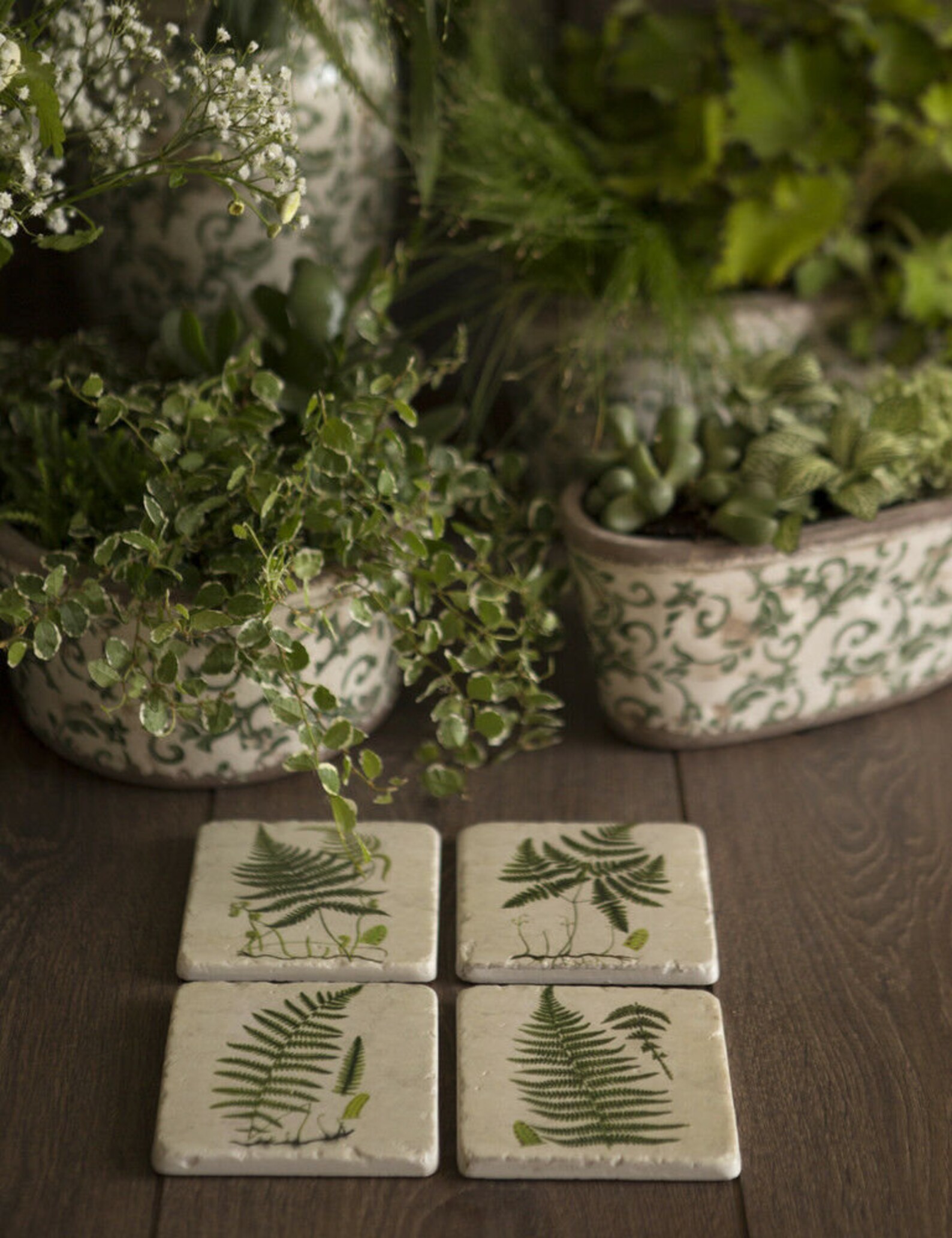 Set 4 French Shabby Chic Ceramic Tile Coasters in a Green Fern - Etsy UK