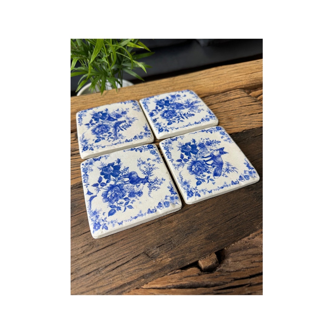 Set 4 French Shabby Chic Ceramic Tile Coasters Blue and White Delft ...