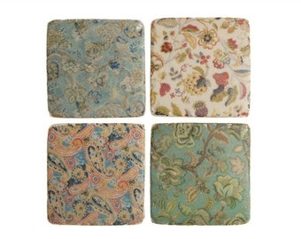 Set 4 French Shabby Chic Ceramic Tile Coasters in a Green Fern Design ...