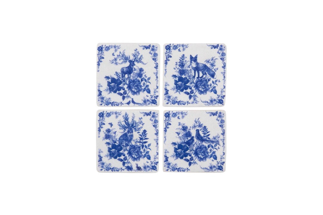 Set 4 French Shabby Chic Ceramic Tile Coasters Blue and White Delft ...