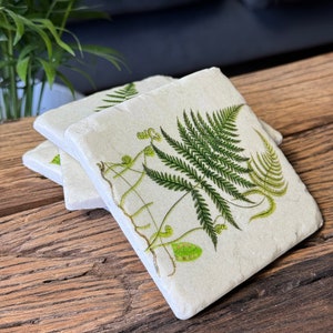 Set 4 French Shabby Chic Ceramic Tile Coasters in a Green Fern Design ...