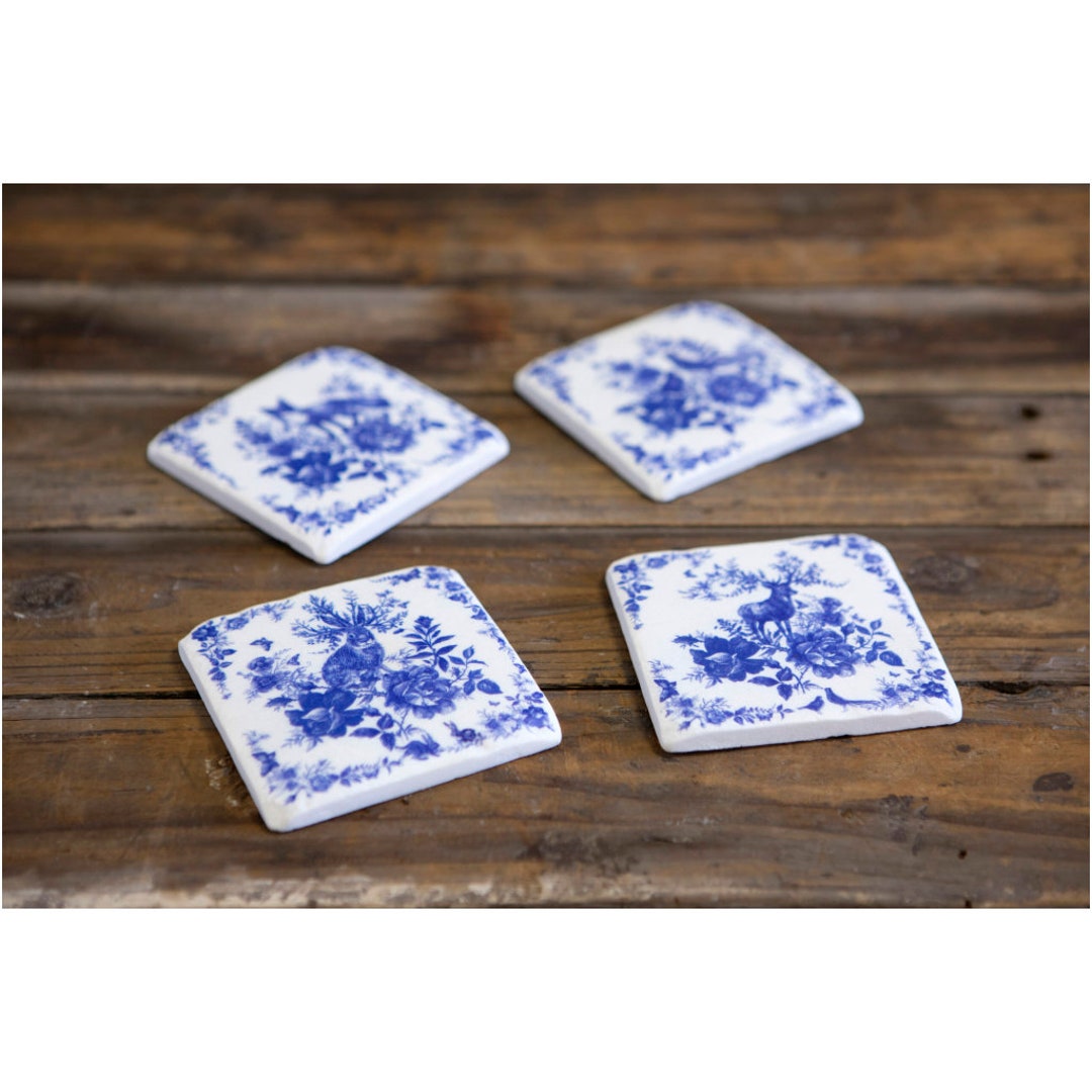 Set 4 French Shabby Chic Ceramic Tile Coasters Blue and White - Etsy